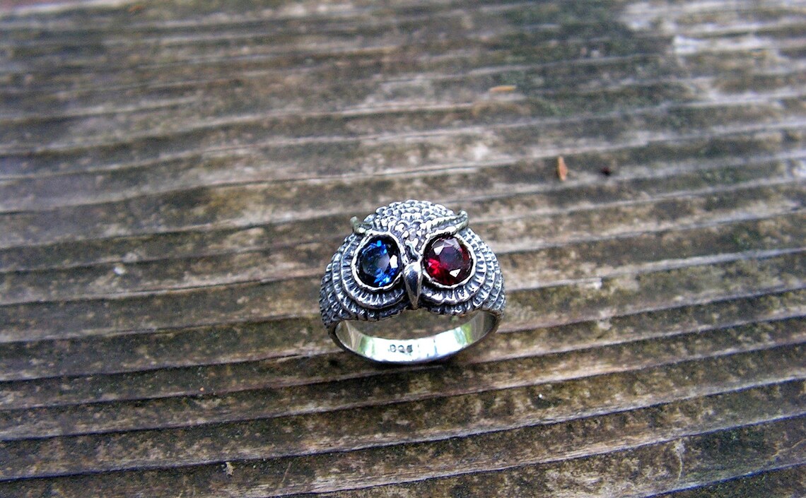 Owl Ring With Sapphire and Garnet Eyes in Sterling Silver - Etsy