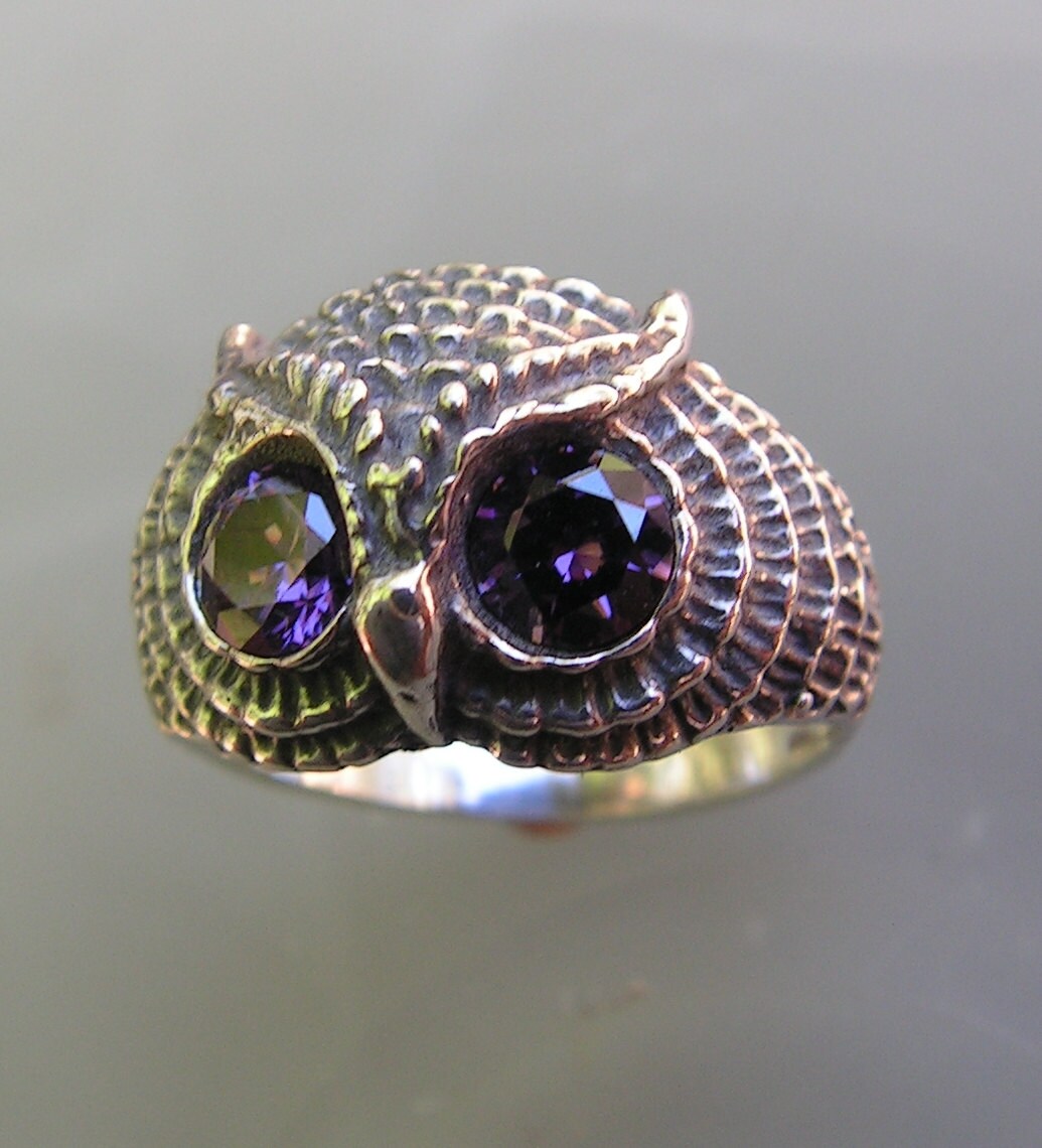 Owl Ring With Amethyst Eyes and Sterling Silver - Etsy