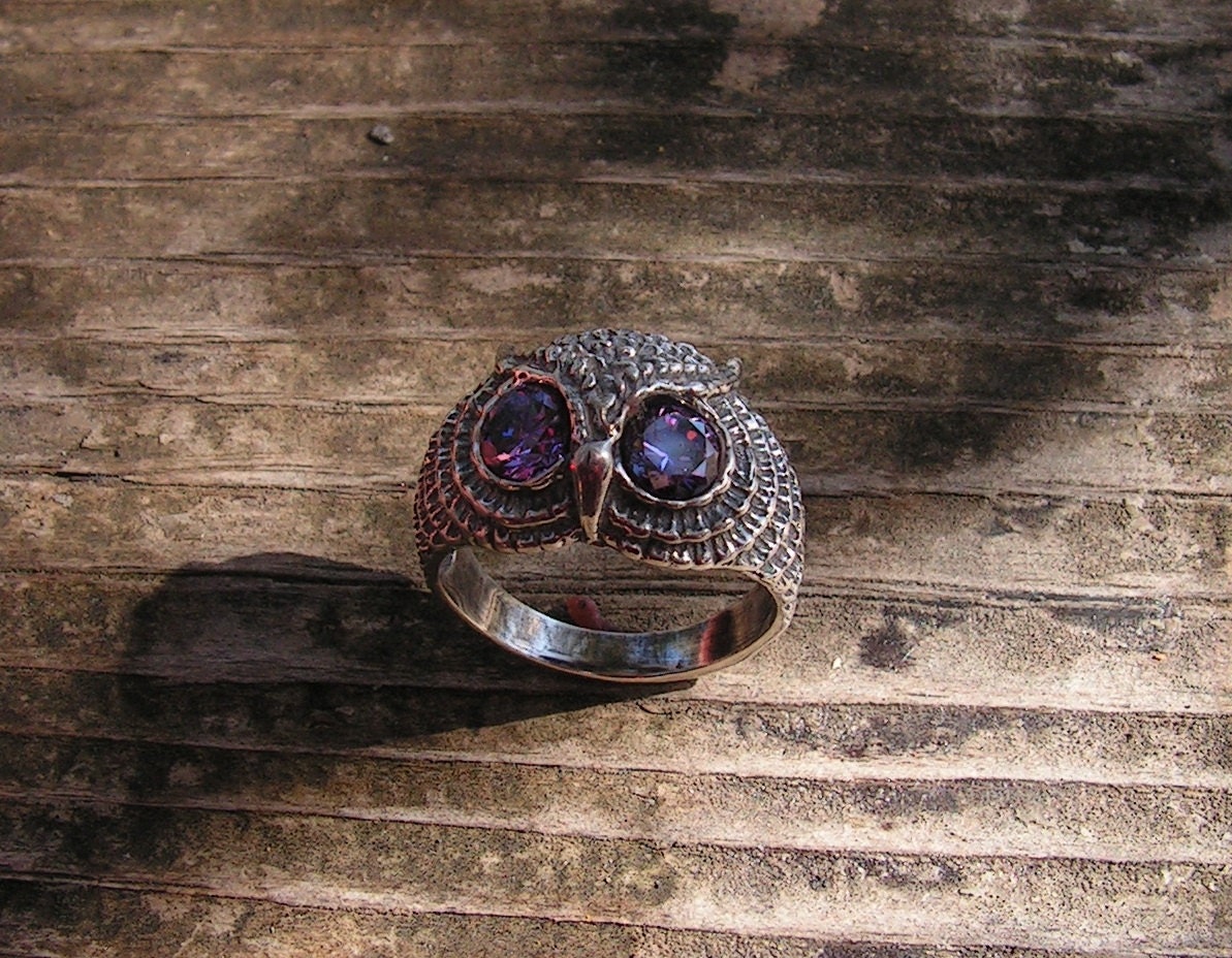 Owl Ring With Amethyst Eyes and Sterling Silver - Etsy
