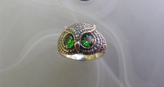 Items similar to Owl Ring Emerald Eyes In Sterling Silver on Etsy