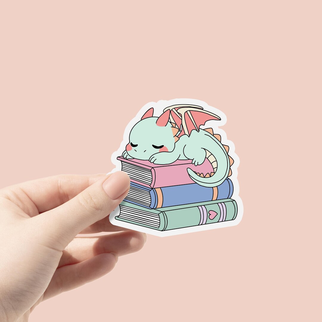 Cute Dragon Bookstack Vinyl Sticker, Fantasy Reader Sticker, Book ...