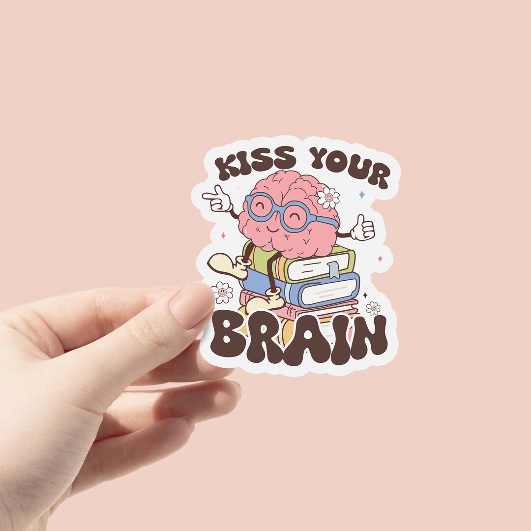 Kiss Your Brain Vinyl Sticker, Retro Teacher Stickers, Cute Brain ...