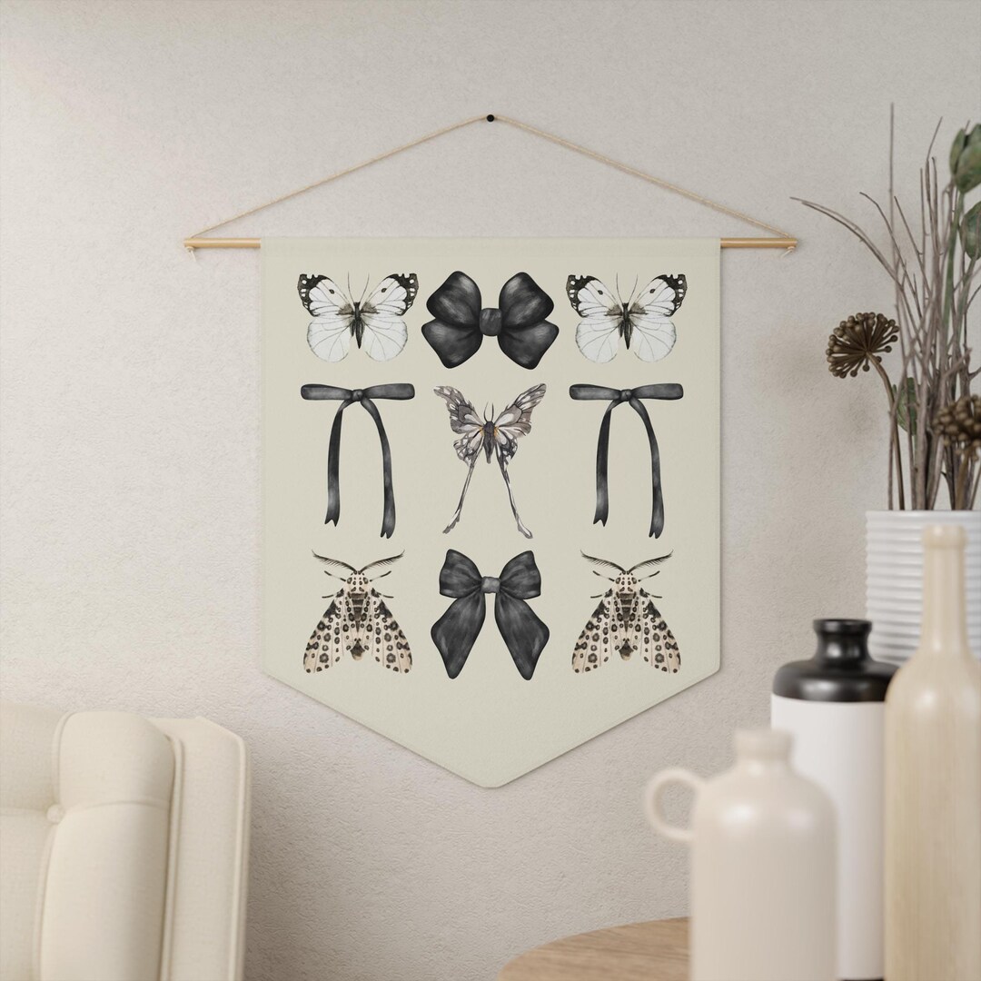 Neutral Moth and Bow Wall Art Pennant, Vintage Insect Wall Art, Fabric ...
