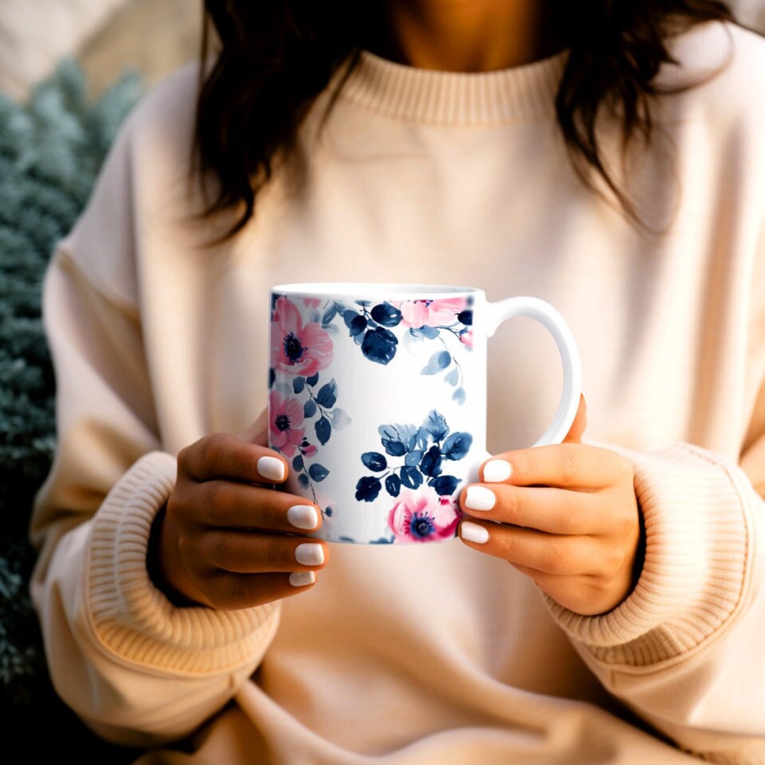 Pink Flower Mug, Navy Florals, Vintage Flower Pattern, Garden Lover ...