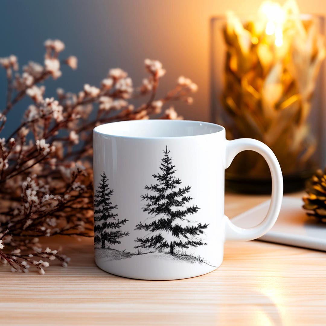 Pine Tree Mug, Evergreen Forest, Christmas Gift Cup, Snow on Pines ...