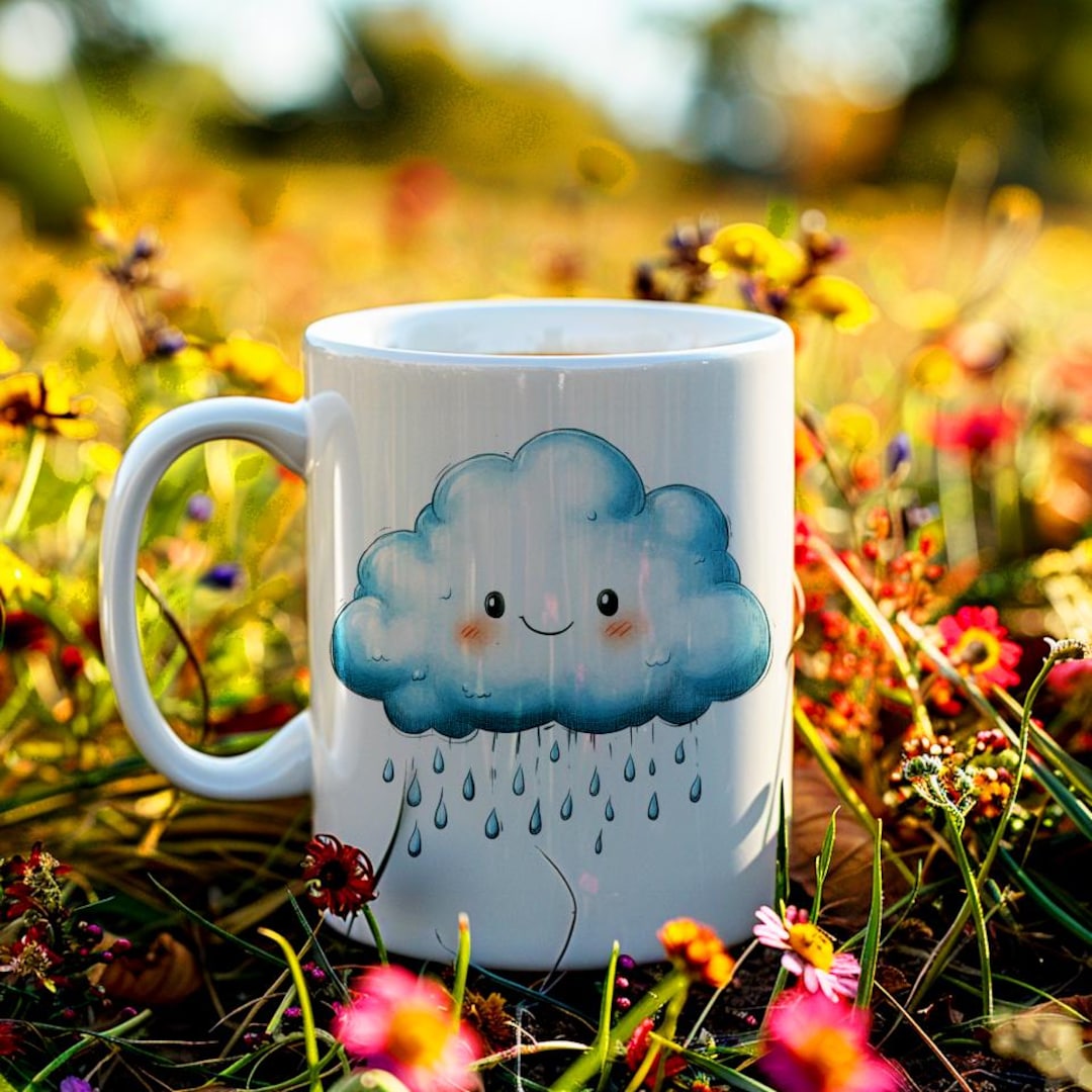 Happy Cloud Mug, Happy Rain Cloud, Cute Rain Drop, Weather Mug, Rain ...