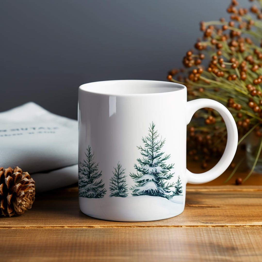 Evergreen Mug, Winter Trees Mug, Christmas Gift, Snowy Scenery Cup ...