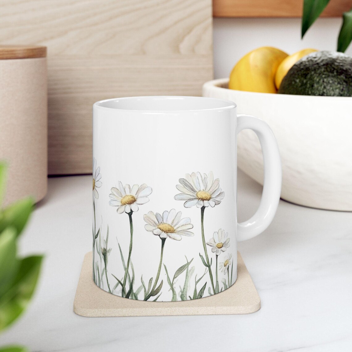 Daisy Flower Mug, Delicate Watercolor Ceramic Mug With White and Yellow ...