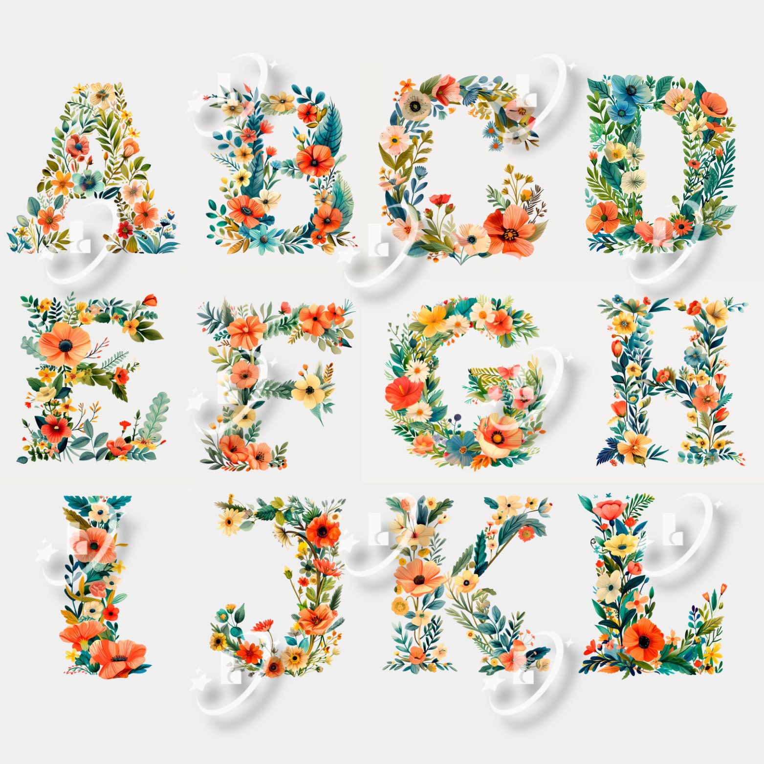 26 PNG, Watercolor Spring Floral Alphabet Collection Clipart, Alphabet ...