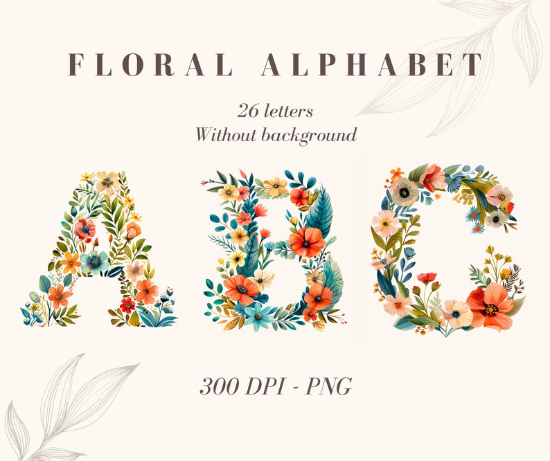 26 PNG, Watercolor Spring Floral Alphabet Collection Clipart, Alphabet ...