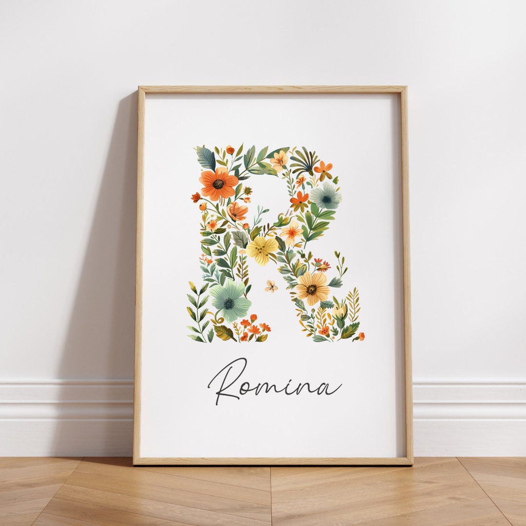 Custom Floral Initial Name Print: Personalized Nursery Decor (digital ...