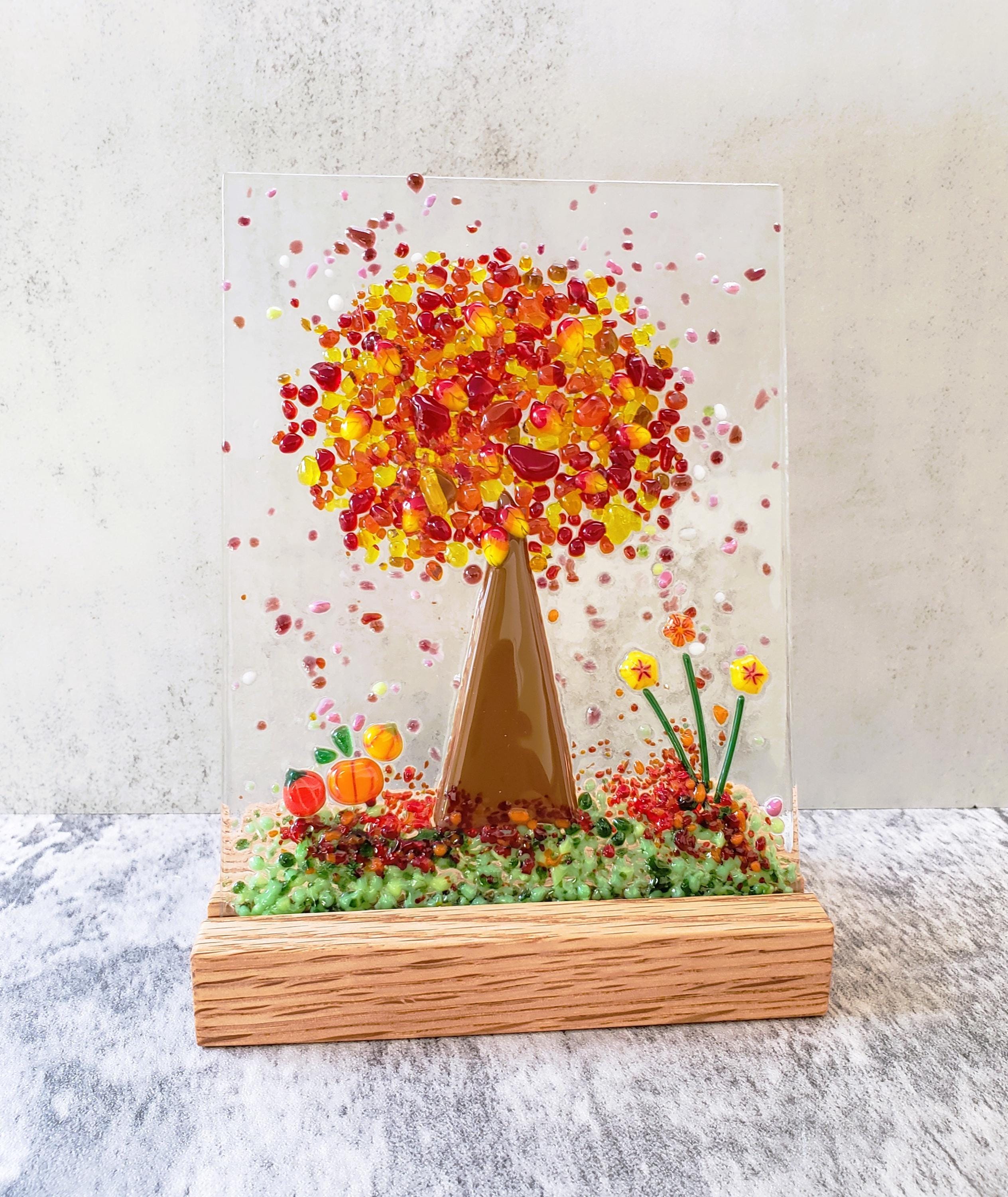 Fused Glass Autumn Tree Nature Panel With Wooden Stand, Autumn Home ...