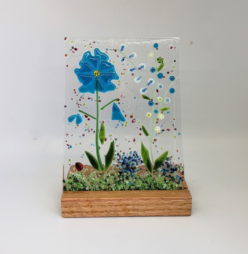 Blue Frilly Fused Glass Flower Garden With Wooden Stand Fused - Etsy