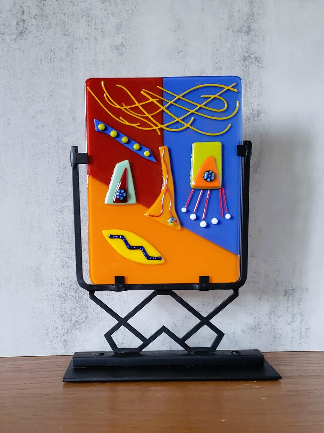 Colorful Funny Face Fused Glass Panel With Display Stand, Dichroic ...