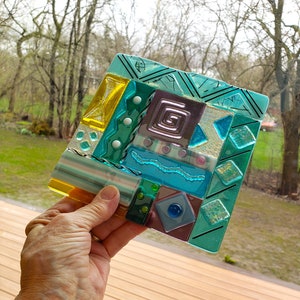 Colorful Geometric Fused Glass Panel With Wrought Iron Display Stand ...