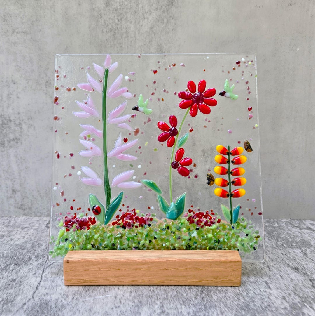 Fused Glass Hummingbird Garden, Summer Cottage Garden, Butterflies and ...