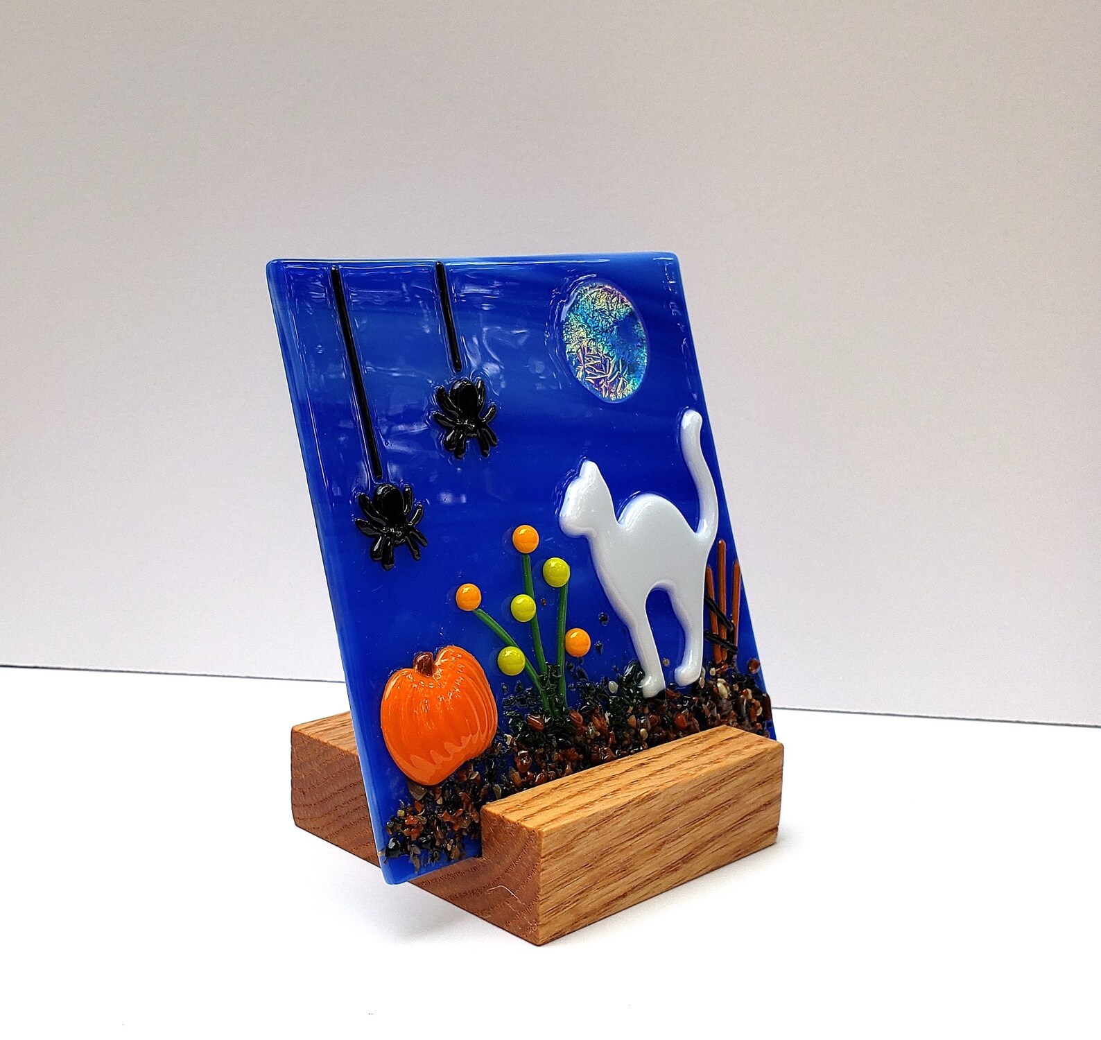 White Cat and Spiders Fused Glass Panel, Fused Glass Halloween Scene ...