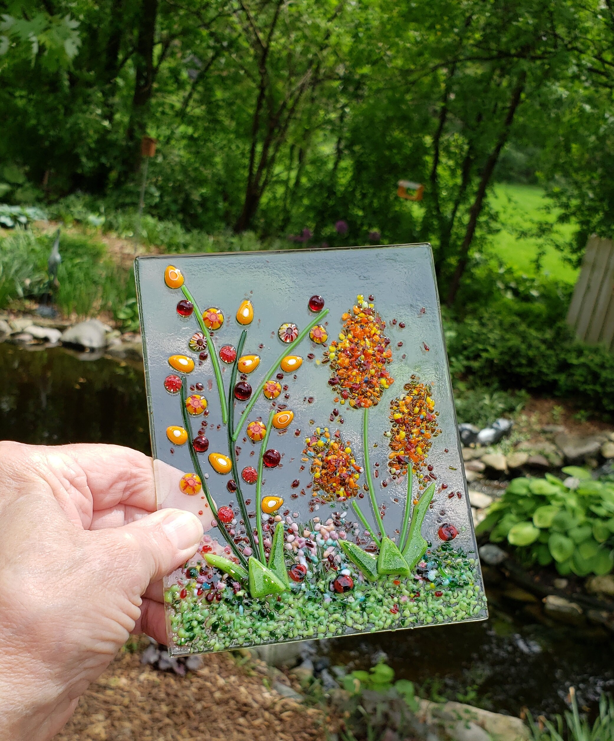 Fused Glass Orange Cottage Garden With Wooden Stand, Fused Glass Nature ...