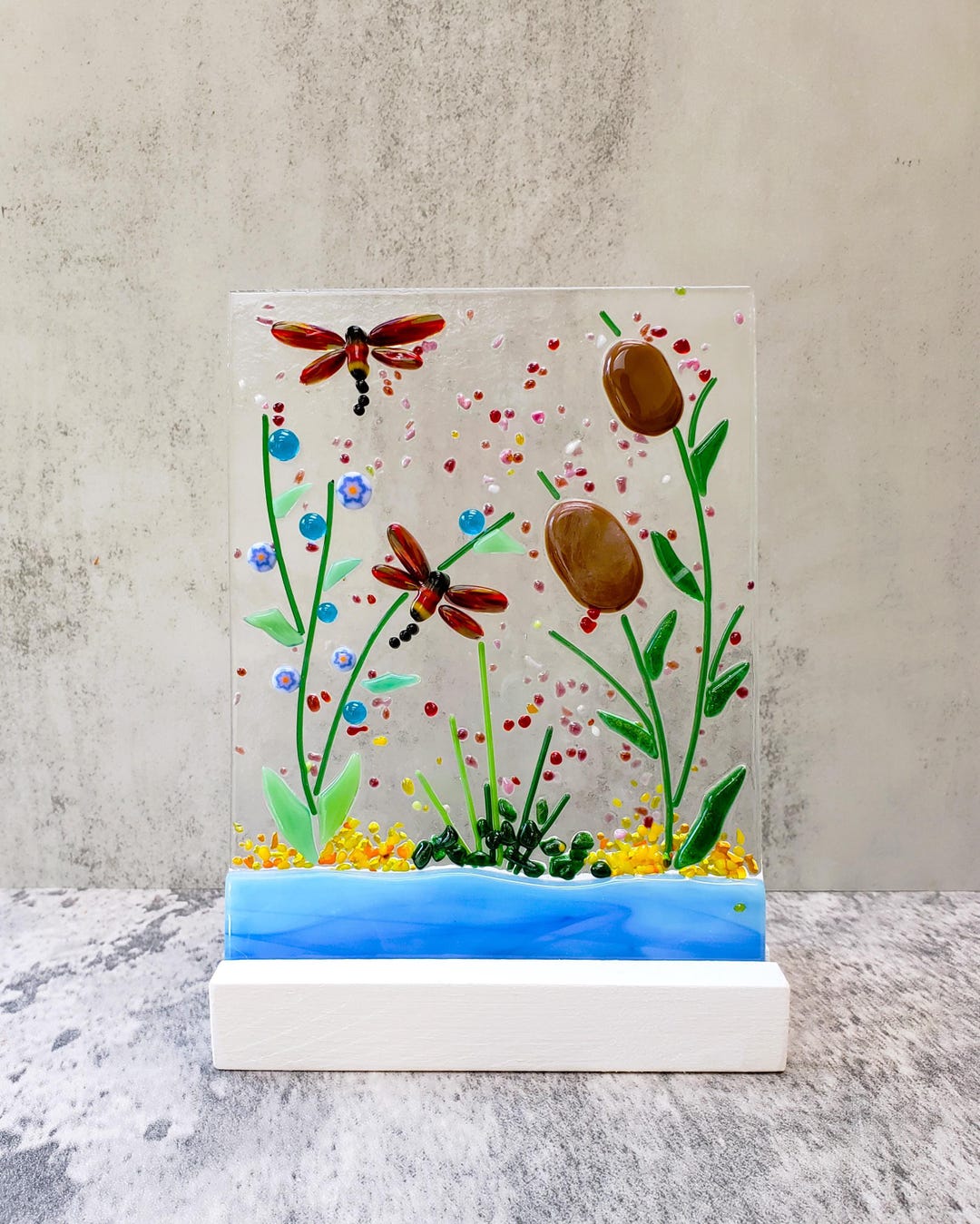 Fused Glass Dragonfly and Cattails Nature Panel With Wooden Stand ...