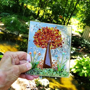 Fused Glass Autumn Tree Nature Panel With Wooden Stand Fall - Etsy