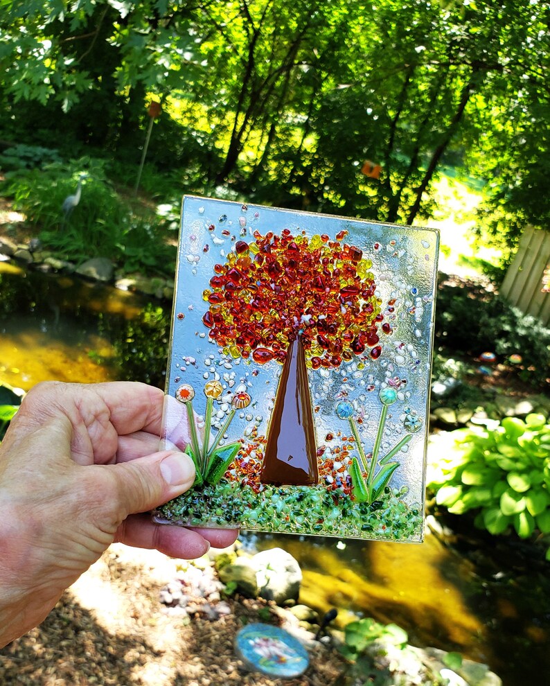 Fused Glass Autumn Tree Nature Panel With Wooden Stand Fall - Etsy