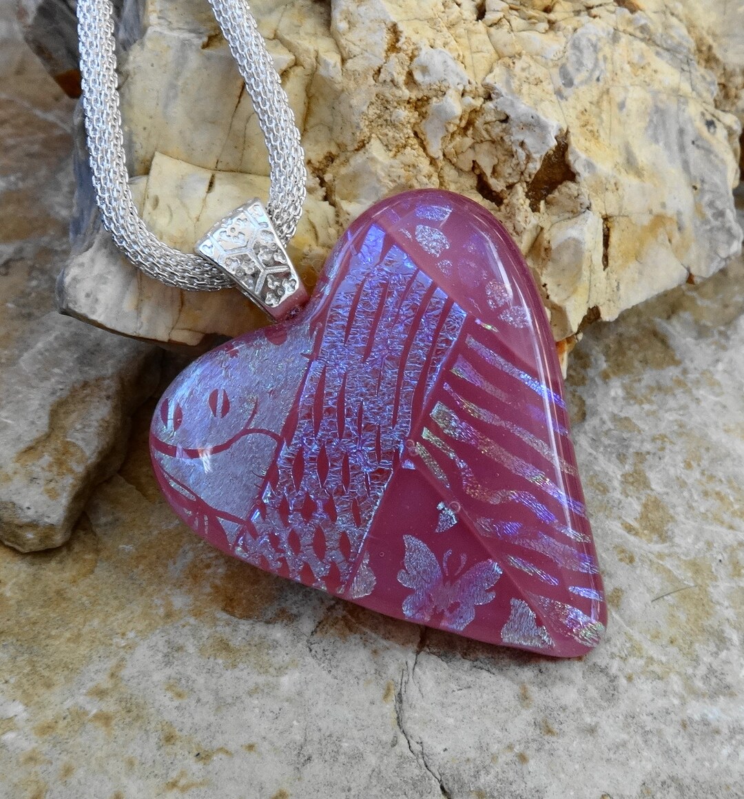 Pink Dichroic Fused Glass Heart Necklace, Patchwork Dichroic Fused ...