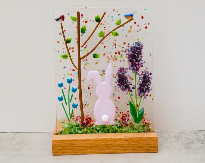 Pink Bunny in a Flower Garden With Oak Stand, Fused Glass Rabbit Nature ...