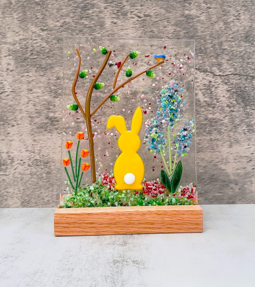 Yellow Bunny in a Flower Garden With Oak Stand, Fused Glass Rabbit ...
