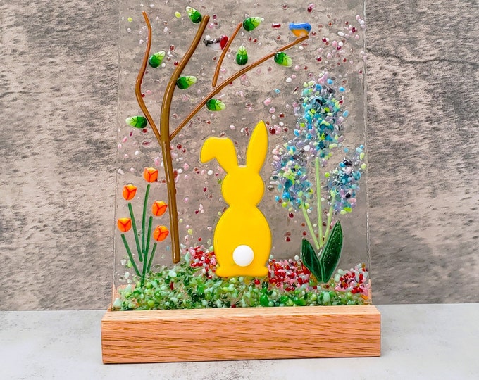 Yellow Bunny in a Flower Garden With Oak Stand, Fused Glass Rabbit ...