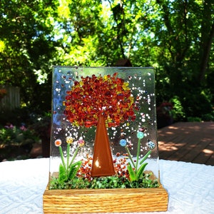 Fused Glass Autumn Tree Nature Panel With Wooden Stand Fall - Etsy