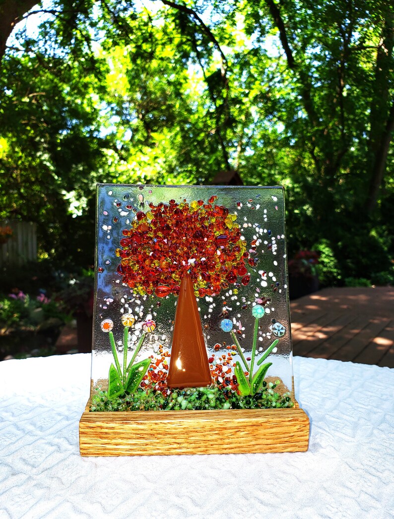 Fused Glass Autumn Tree Nature Panel With Wooden Stand Fall - Etsy