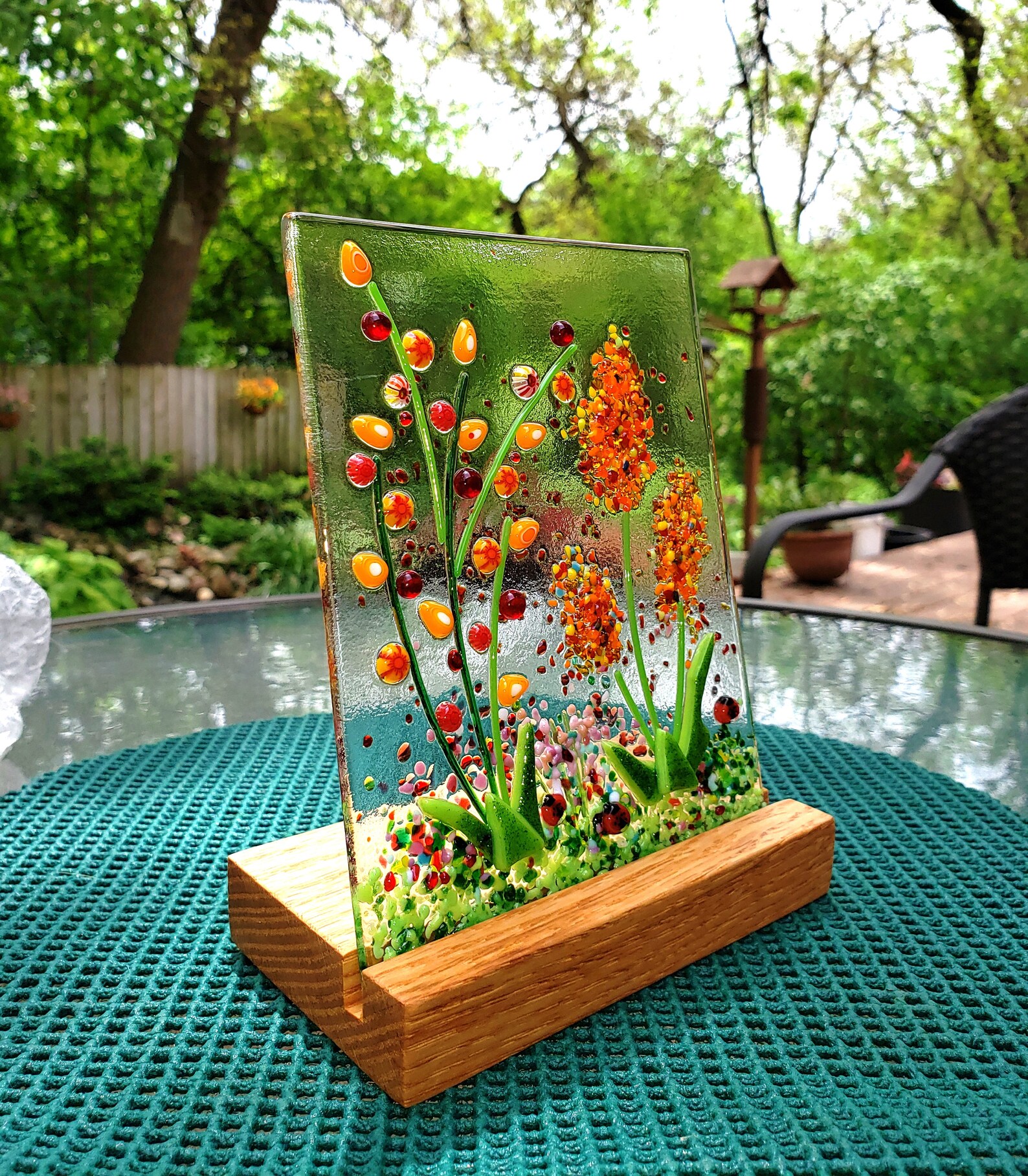 Fused Glass Orange Cottage Garden With Wooden Stand, Fused Glass Nature ...