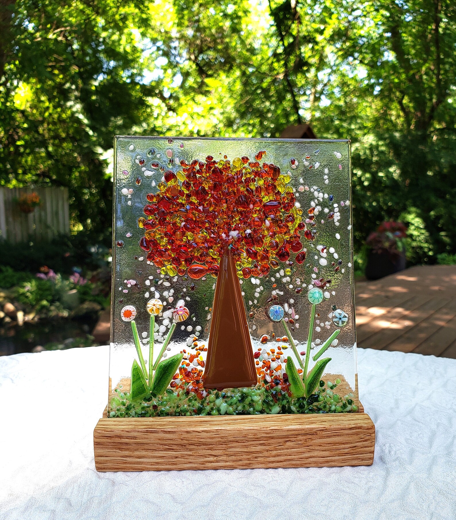Fused Glass Autumn Tree Nature Panel With Wooden Stand Fall - Etsy