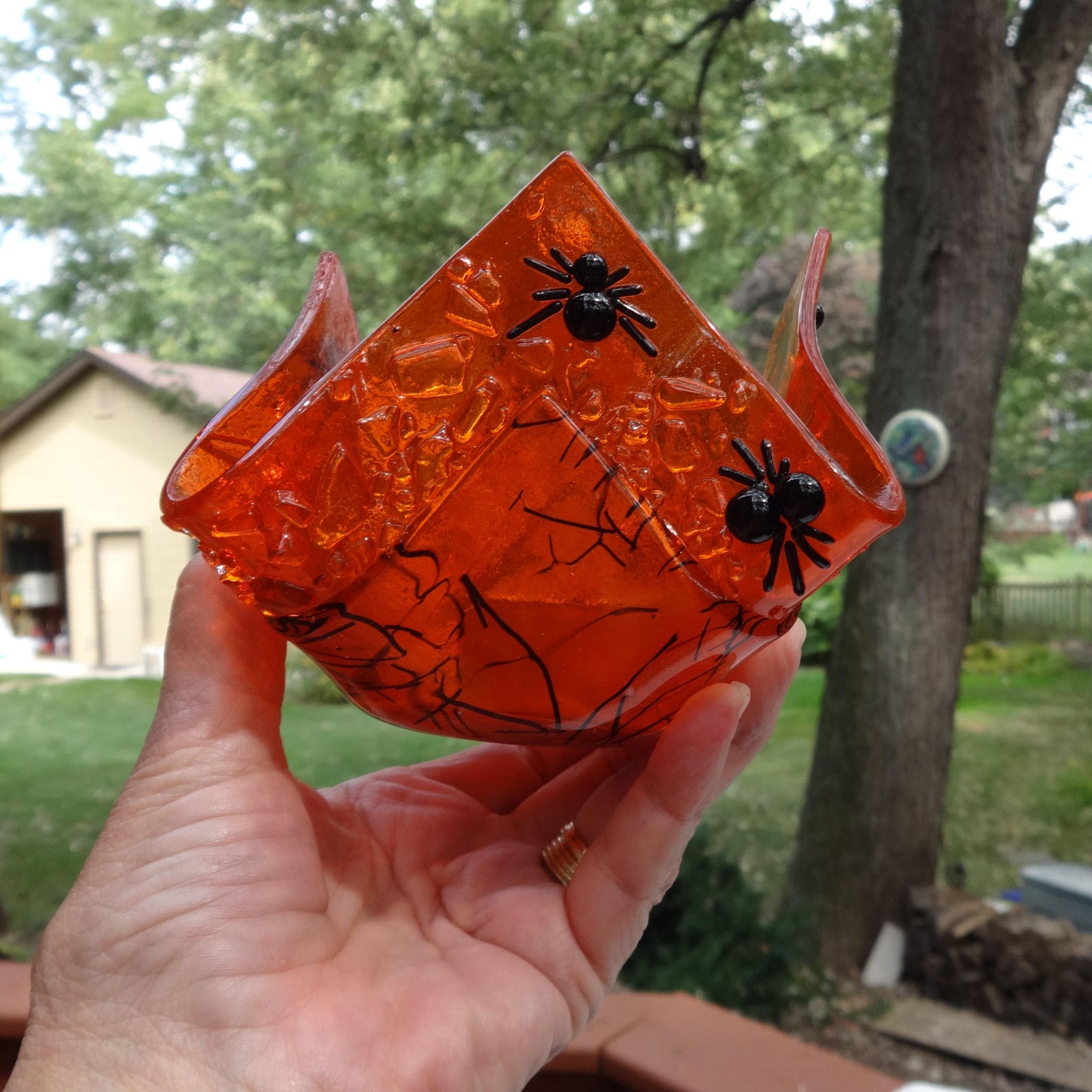 Orange Fused Glass Halloween Spider Candle, Spider Candle Shelter ...
