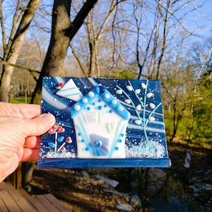 Fused Glass Blue and White Frozen House Panel With Stand, Table Top ...
