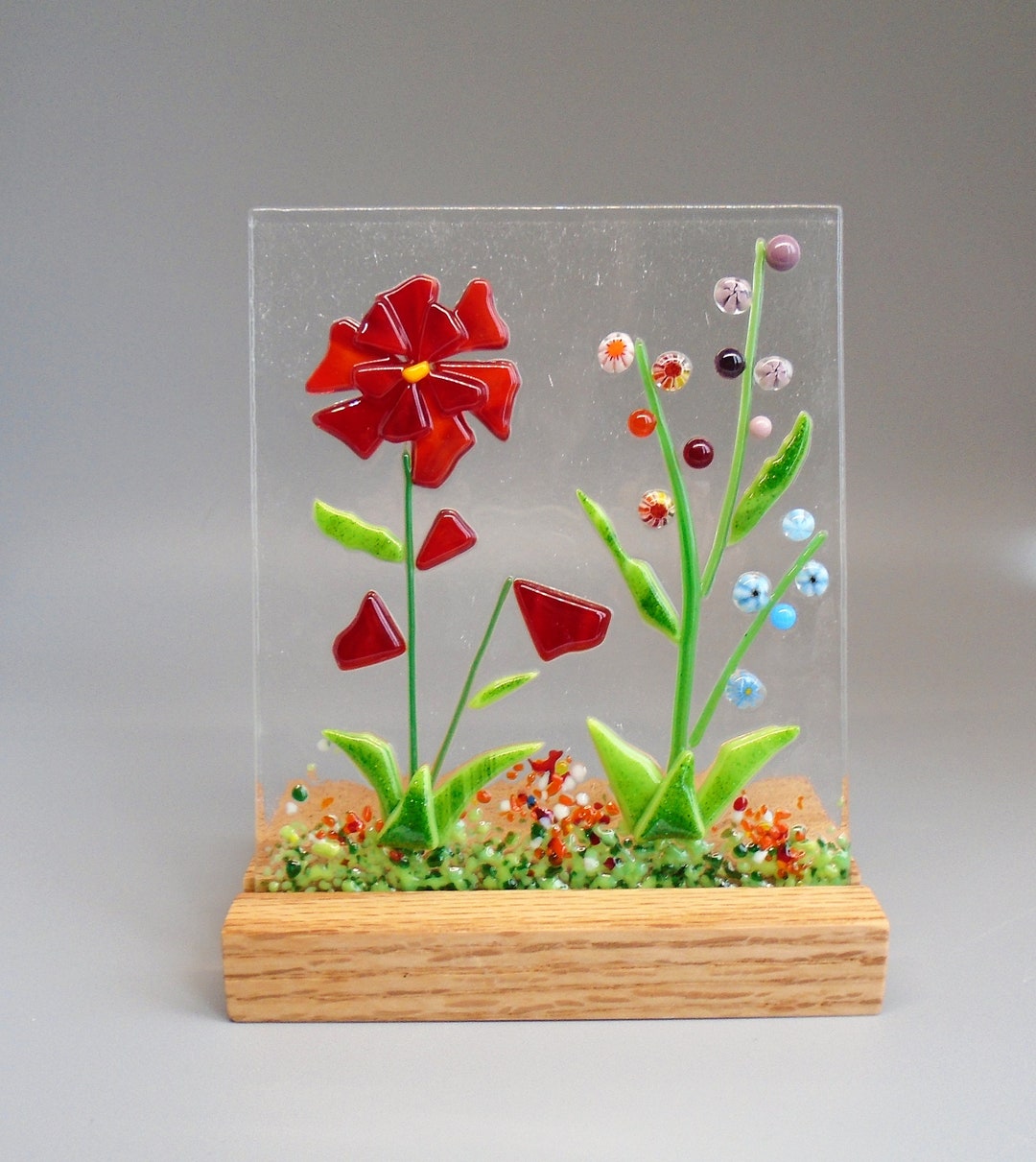 Red Fused Glass Flower Garden With Wooden Stand, Fused Glass Nature ...