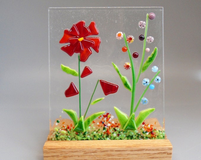 Red Fused Glass Flower Garden With Wooden Stand Fused Glass - Etsy