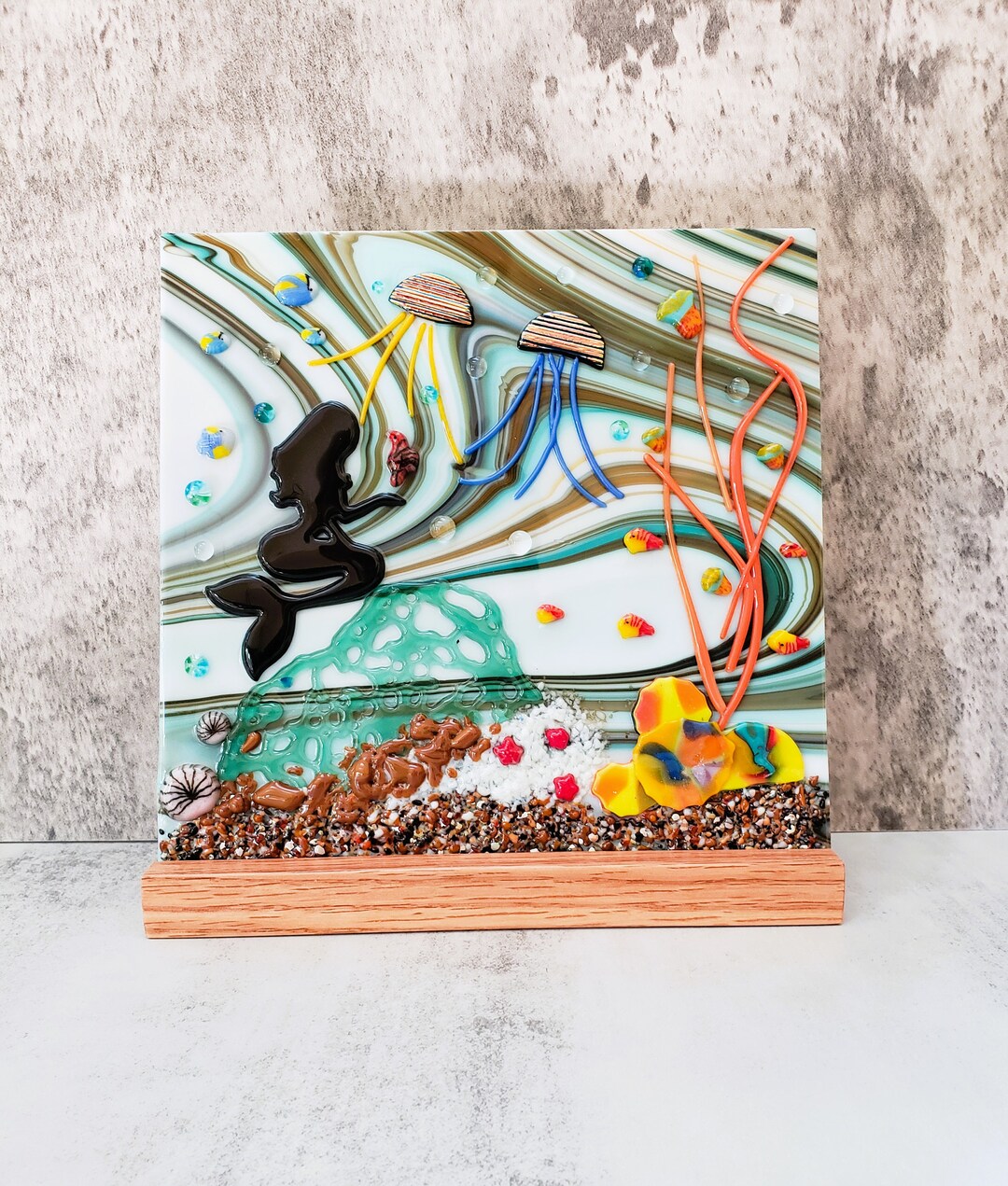 Dichroic Fused Glass Underwater Mermaid Seascape Panel, 8 X 8 Inch ...