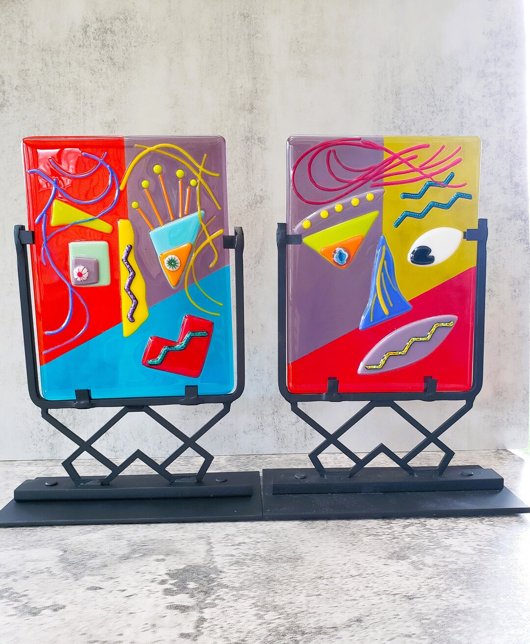Colorful Funny Face Fused Glass Panel With Display Stand, Dichroic ...