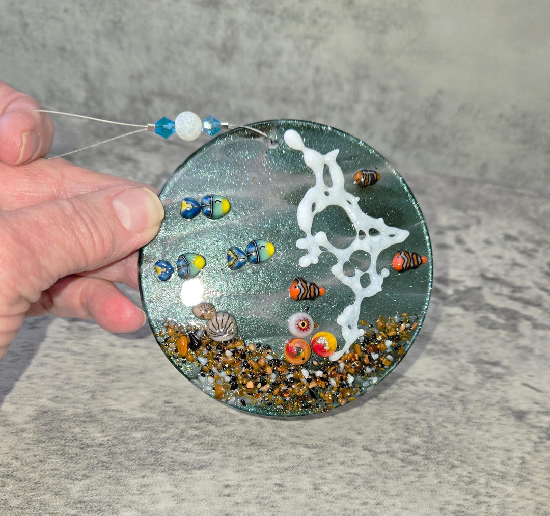 Fused Glass Ocean Sun Catcher, Round Seascape Tree Ornament, Underwater ...