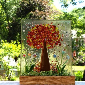 Fused Glass Autumn Tree Nature Panel With Wooden Stand Fall - Etsy
