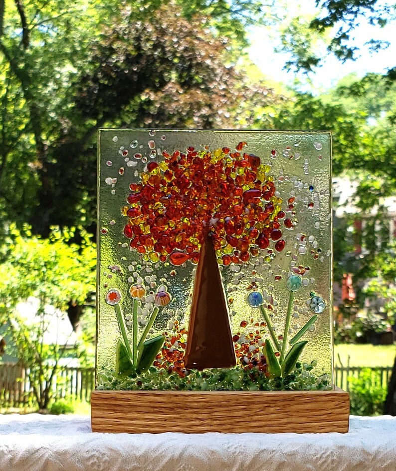 Fused Glass Autumn Tree Nature Panel With Wooden Stand Fall - Etsy