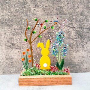 Yellow Bunny in a Flower Garden With Oak Stand, Fused Glass Rabbit ...