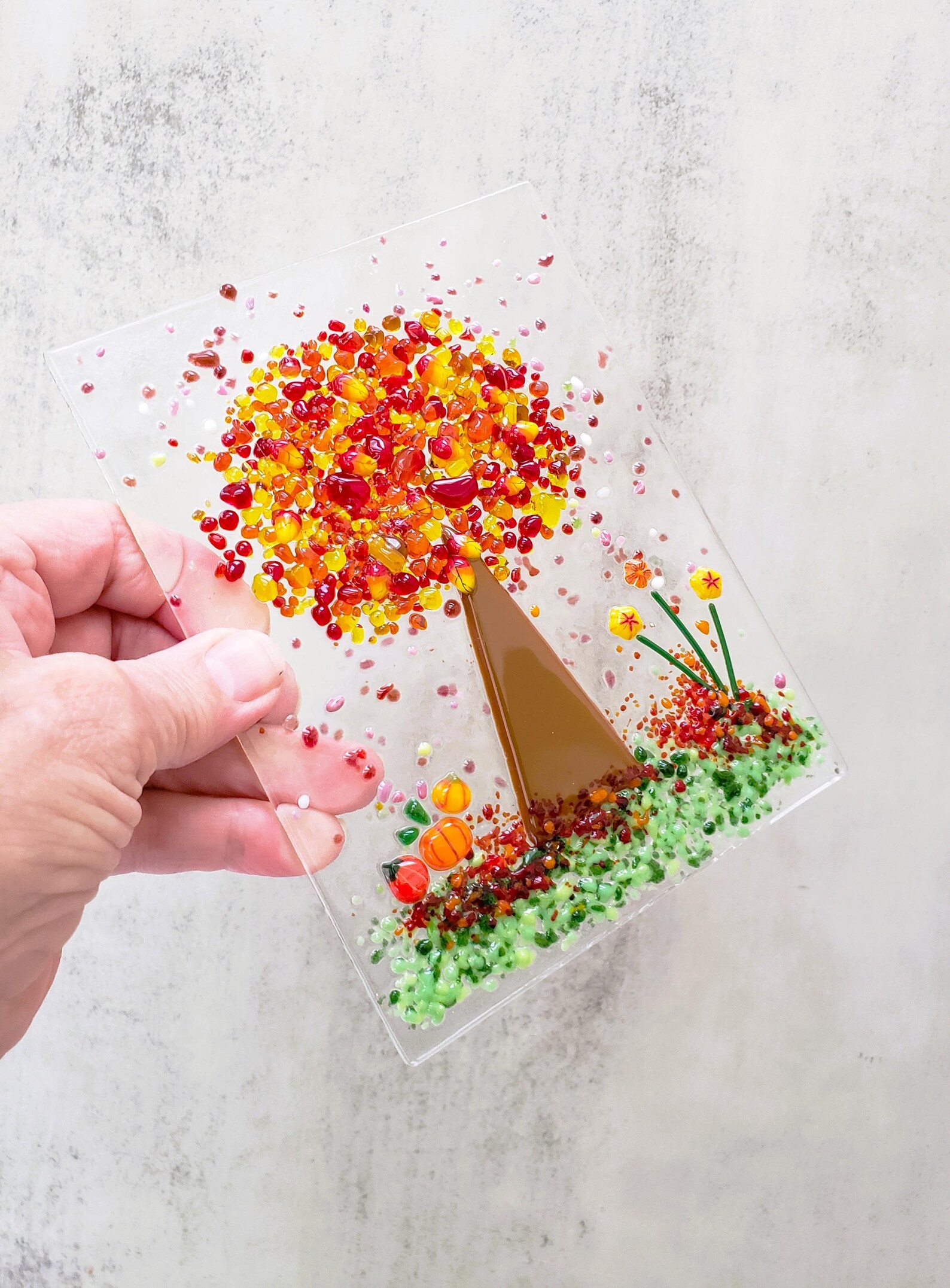 Fused Glass Autumn Tree Nature Panel With Wooden Stand, Autumn Home ...
