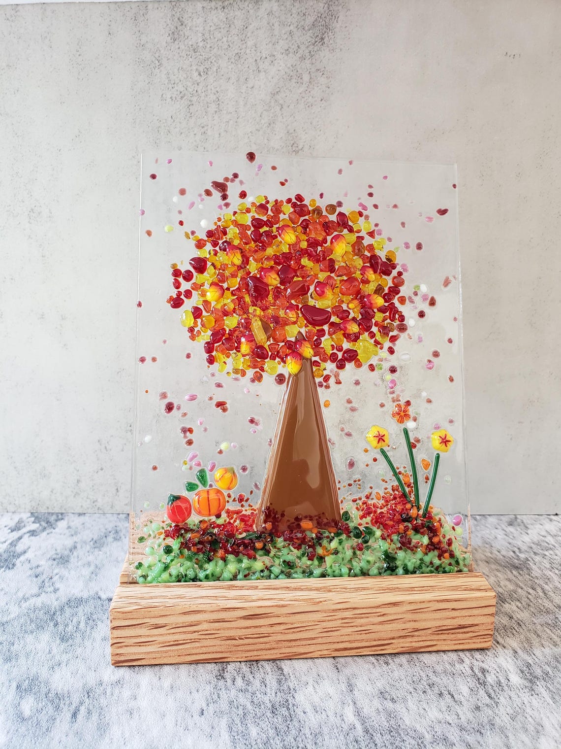 Fused Glass Autumn Tree Nature Panel With Wooden Stand, Autumn Home ...