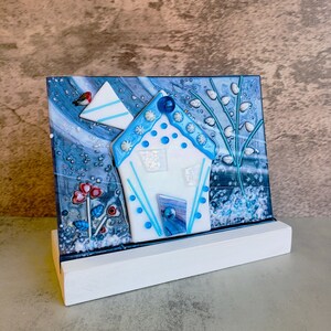Fused Glass Blue and White Frozen House Panel With Stand, Table Top ...