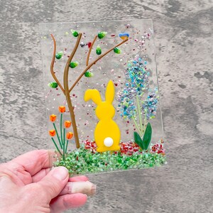 Yellow Bunny in a Flower Garden With Oak Stand, Fused Glass Rabbit ...
