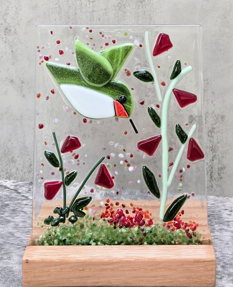 Dichroic Fused Glass Hummingbird Panel, Fused Glass Nature Panel With ...