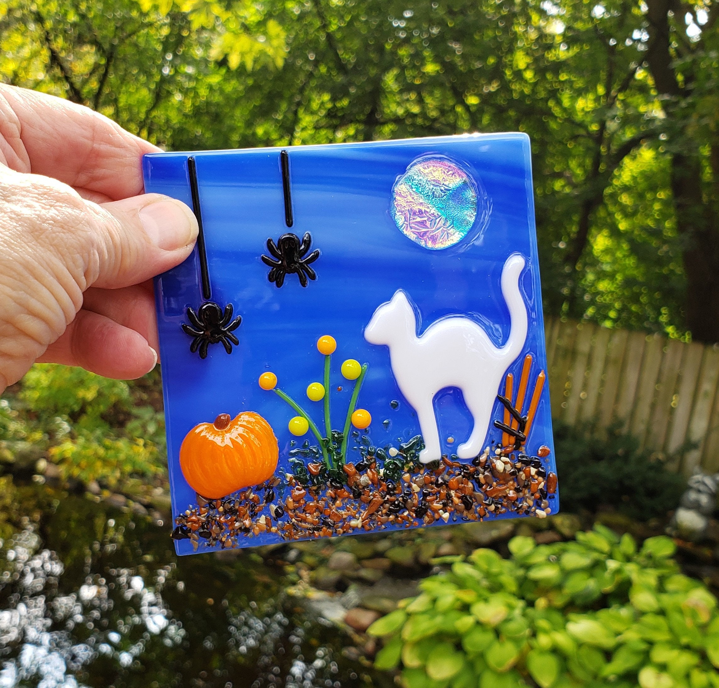 White Cat and Spiders Fused Glass Panel, Fused Glass Halloween Scene ...