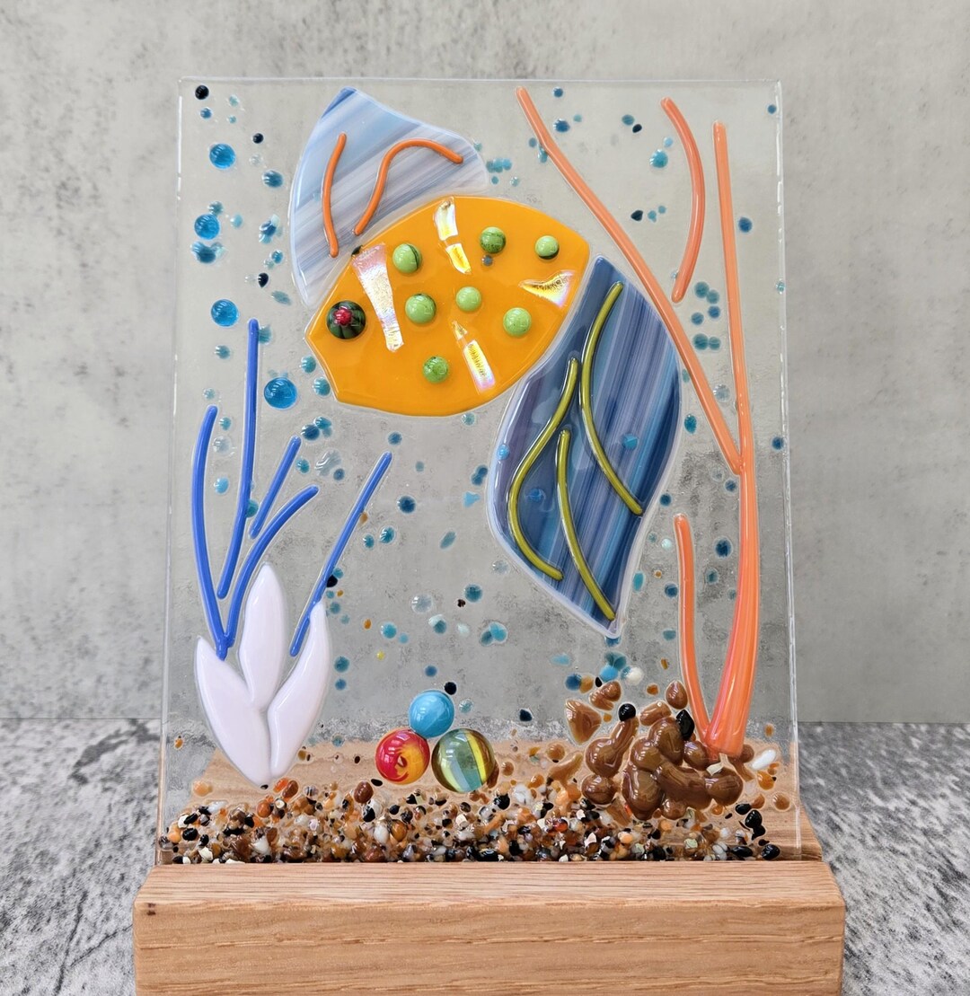 Blue and Orange Dichroic Fused Glass Fish Panel, Garden Candle Screen ...
